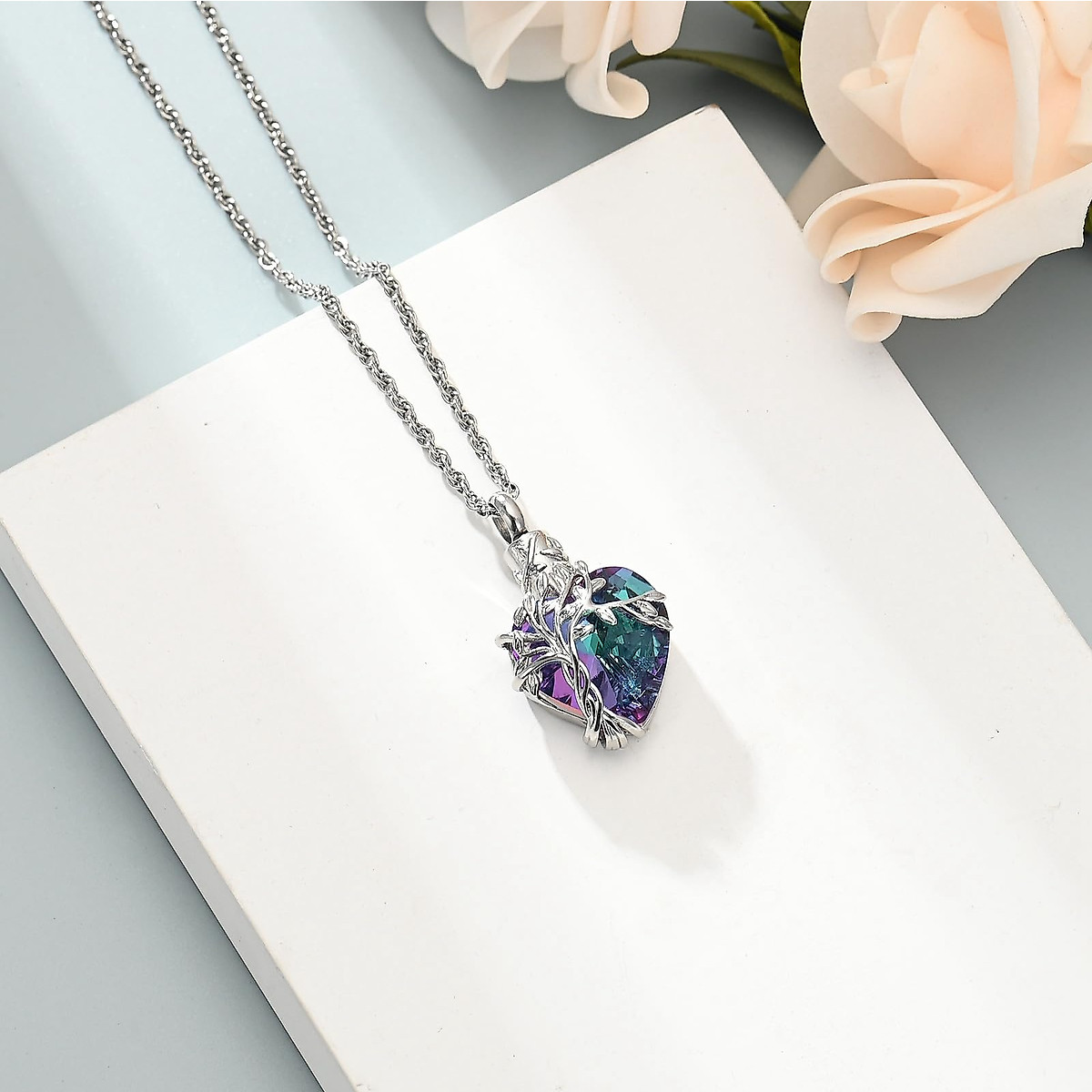 shajwo Tree of Life Cremation Heart Urn Ashes Necklace for Women Men Cremation Crystals Ash Pendant Loved One Memorial Jewelry,Silver-Purple Green
