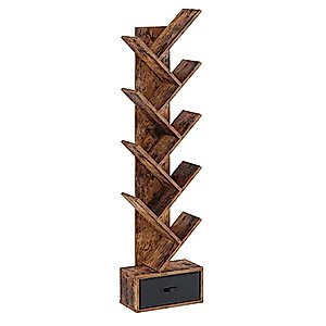 Rolanstar Bookshelf with Drawer, 9-Tier Tree Bookshelf, Wooden Bookshelves Storage Rack for CDs/Movies/Books, Rustic Brown Bookcase, Utility Organizer Shelves for Living Room, Bedroom, Home Office