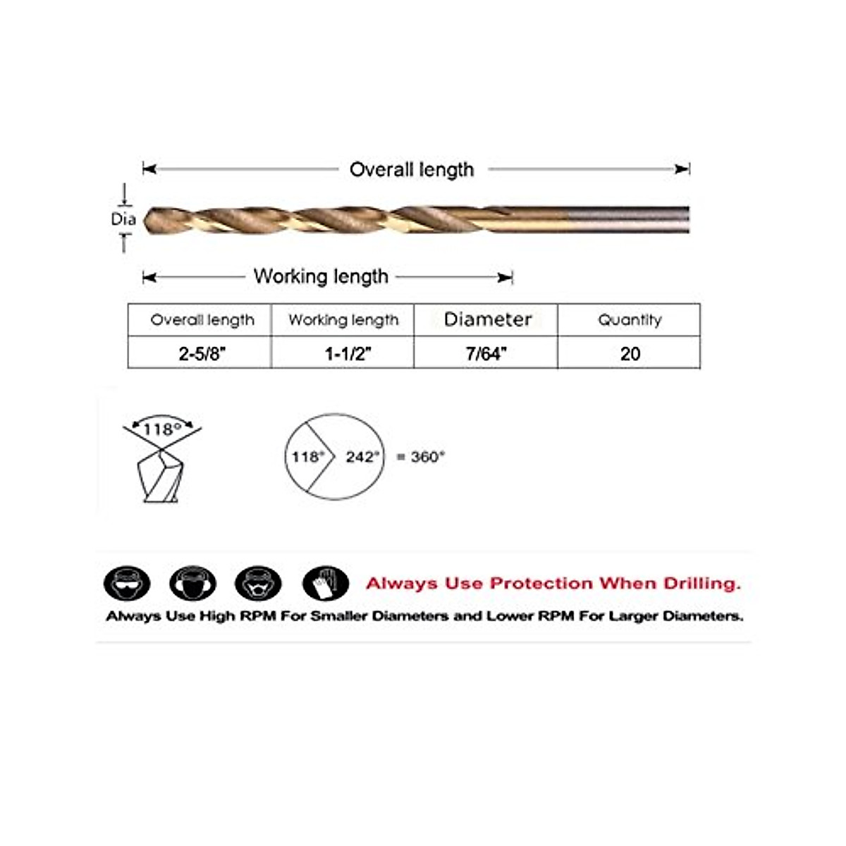 20pcs 7/64in x 2-5/8in, HSS Titanium Coated Drill Bits, Jobber Length, Straight Shank, Metal Drill for General Purpose