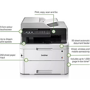 Brother Color MFC-L3770CDW Digital All-in-One Wireless Laser Printer, White - Print Copy Scan Fax - 3.7" Touch, 25 ppm, 2400 x 600 dpi, Auto Duplex Printing, 50-Sheet ADF, Ethernet, NFC, Tillsiy Cable