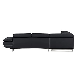 BlackJack Furniture Union Modern Faux Leather Sofa with Adjustable Headrests, Chaise, Elegant Tufted Seat, High-Density Foam and Stainless Steel Legs, Left Facing Sectional, Black