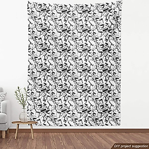 Lunarable Coffee Fabric by The Yard, Abstract Monochrome Coffee Sign with Cups Beans and Moka Pot Pattern Hand Drawn, Decorative Fabric for Upholstery and Home Accents, 1 Yard, Black White