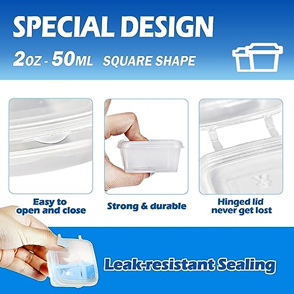 RIKICACA 2 oz Plastic Containers with Lids (200pack), Disposable Condiment Containers with Lids, Portion Cups with Lids, Condiment Cups, Jello Shot Cups, Souffle Cups, (Square)