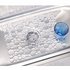 mDesign Decorative Kitchen Plastic Sink Protector Set, Quick Draining - Protect Surfaces and Dishes - Modern Bubble Design - Includes 1 Saddle, 2 Large Mats - Set of 3 - Clear