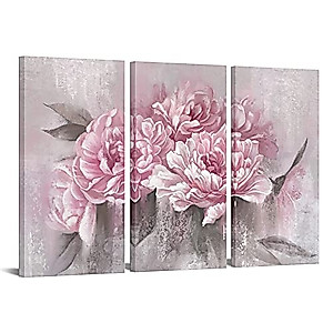 sechars 3 Piece Flower Wall Art Canvas Pink Peony Floral Painting Picture Vintage Blossom Art Prints for Living Room Girl Bedroom Decor for Living Framed Ready to Hang Each Piece 16x32inch