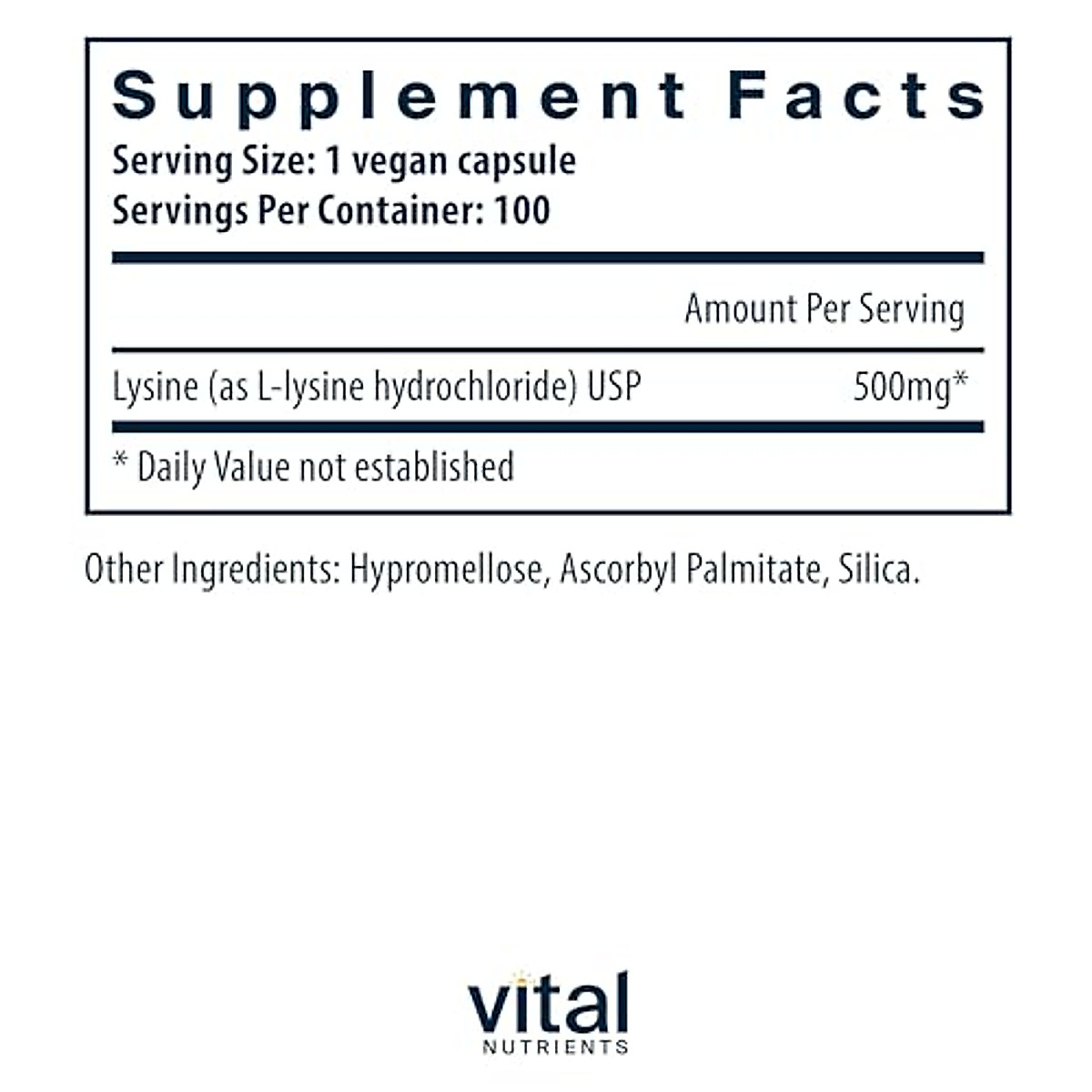Vital Nutrients - Lysine - Supports Immune Function and Normal Arginine Levels - Supports Calcium Absorption - 100 Vegetarian Capsules per Bottle - 500 mg