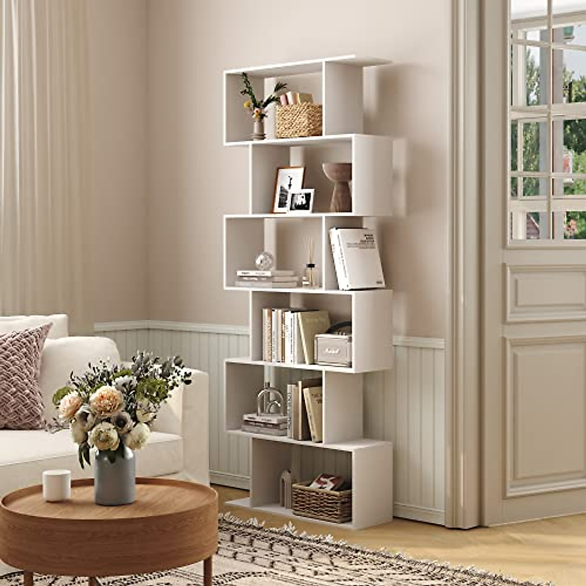 HOMEFORT Wooden Geometric Bookshelf,6-Tier S-Shaped Bookcase,6 Shelf Morden Bookshelves,Unique Freestanding Tall Book Shelf and Book Case for Bedroom and Living Room Home Office,White