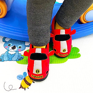 Kids Toddler Boys Red Car Slippers Winter Warm Anti-Slip Indoor Home Shoes (Red car, 12-13 Little Kid, numeric_12)