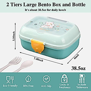 Generic Bento Box Lunch Set for Adults, Blue, Polypropylene, 2 Tiers, 3 Compartments, Spoon, Fork, Water Bottle