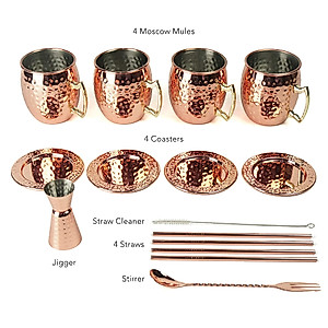 PG Moscow Mule/Cocktail Bar Set, 15-pc Copper/Rose Gold Color, High Grade SS, w/4x Moscow Mule Mugs, 4x Straws w/cleaner, 4x REAL STAINLESS Coasters, 1x Double-Jigger 1x Double-head Stirrer