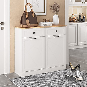 Vabches Trash Cabinet Double Trash Can, Dog Proof Tilt Out Trash Bin Holder, Hideaway Free Standing Recycling Cabinet with 2 Drawers for Kitchen Living Room White