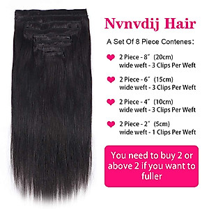 Nvnvdij Straight Clip in Hair Extensions Human Hair 8pcs Per Set with 18Clips Double Weft Clip in Human Hair Extensions Natural Black Color For Women (14 Inch, Straight Hair)