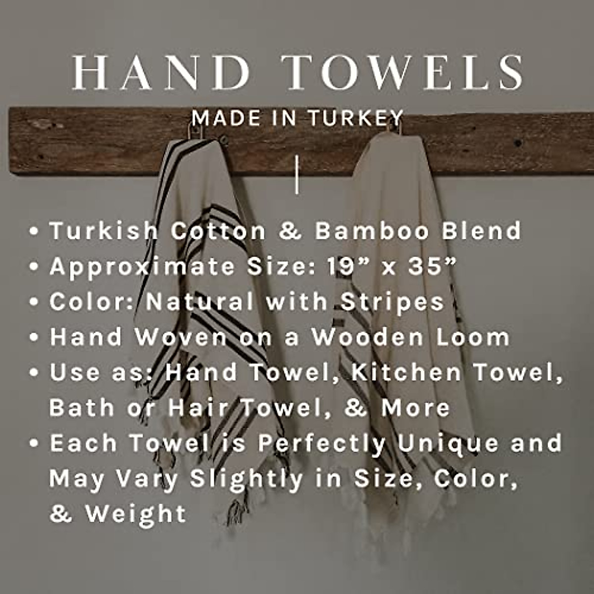 Sweet Water Decor Turkish Cotton + Bamboo Hand Towel, Large Size 19 x 35 inches | Natural with Decorative Stripes | Kitchen, Bathroom, Dish, or Baby Towel (Multi Black Stripes)