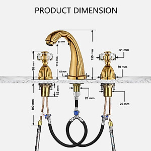 YANNLII Shiny Polished Gold Widespread Bathroom Sink Faucet,Two Crystal Handle Three Hole Brass Lavatory Vanity Faucet,8-16 Inch Basin Mixer Tap with Pop Up Drain Assembly,French Gold
