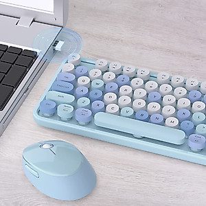 MoMoOne Wireless Computer Keyboards Mouse Combos Set, Colored Retro Round Keycaps, Colorful QWERTY Typewriter Full Size Keyboards, 2.4GHz USB Receiver Connection(Blue-Colorful)