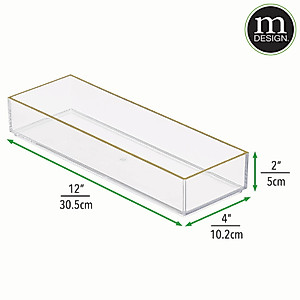 mDesign Slim Plastic Drawer Organizer, Storage Container for Cosmetics, Makeup, and Accessories on Bathroom Vanity, Countertop, or Cabinet - Lumiere Collection - 3 Pack - Clear/Soft Brass