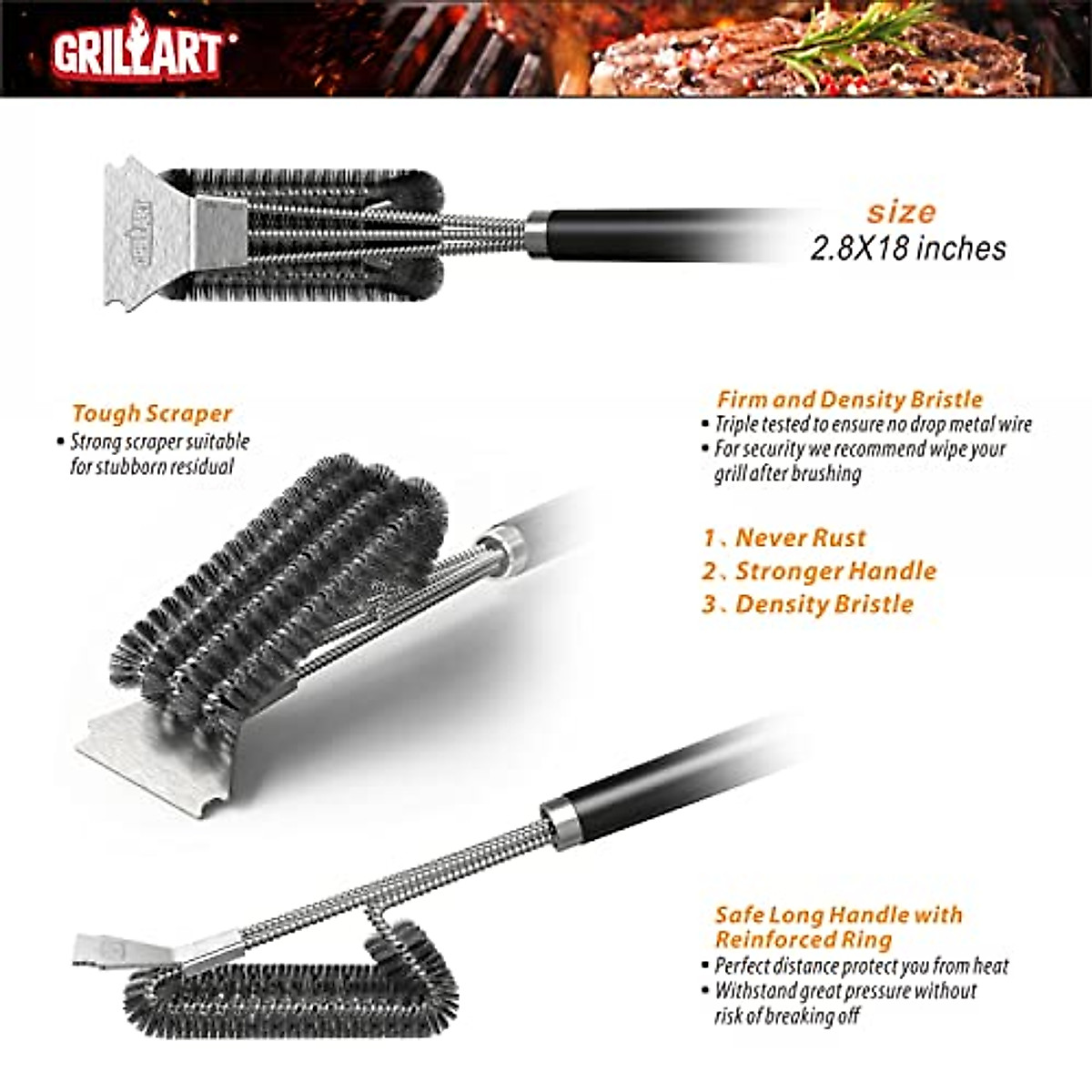 GRILLART Grill Brush and Scraper with Deluxe Handle, Safe Wire Grill Brush BBQ Cleaning Brush Grill Grate Cleaner for Gas Infrared Charcoal Porcelain Grills, BR-8529