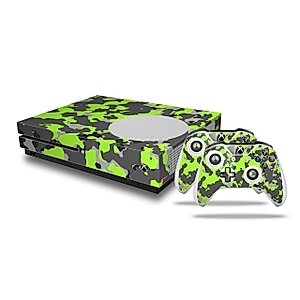 WraptorSkinz Decal Vinyl Skin Wrap Compatible with Xbox One S Console and Controllers - WraptorCamo Old School Camouflage Camo Lime Green