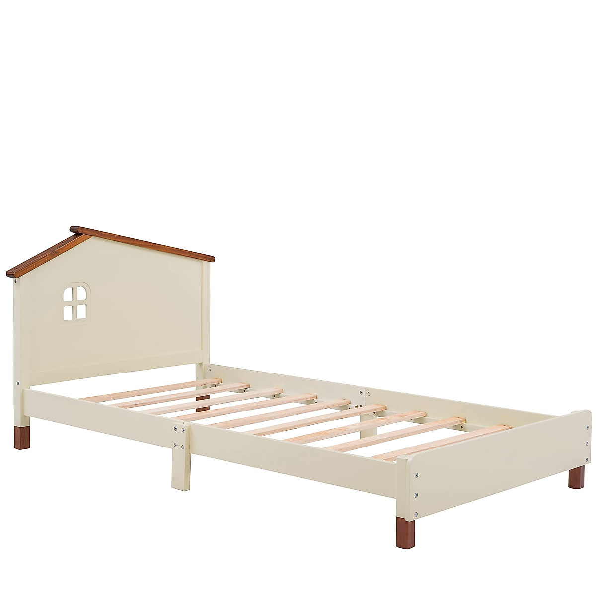 Merax Kid Twin Wood Bed House Frame, Wood Platform Bed for Boys Girls,No Box Spring Needed,Easy Assemble (Twin,Cream+Walnut)