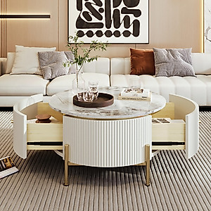 Merax Modern Round Coffee Table Set with 2 Large Drawers Storage Golden Metal Leg Circular Marble Pattern for Living Room Apartment（31.5''）, Off White