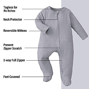 OPAWO Newborn Baby Footed Romper with Mitten Cuffs Blank Cotton Onesie Double Zipper Jumpsuit for Boys Girls 0-6 Months(Zipper/Black/White/Gray,0-3Months)