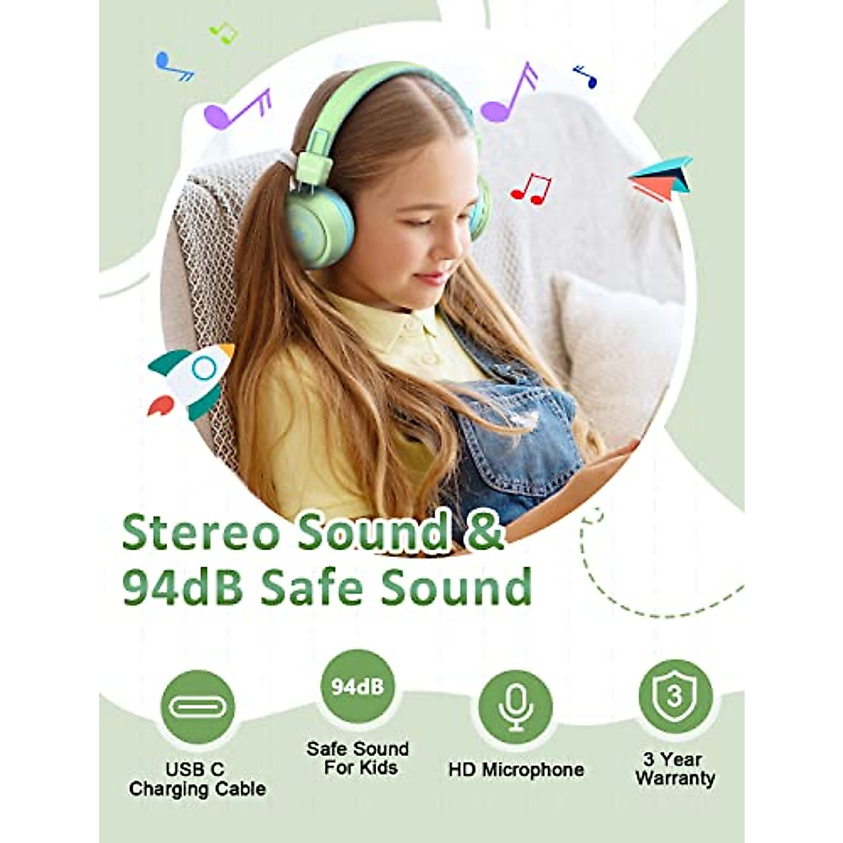 New bee Kids Bluetooth Headphones with Microphone Bluetooth 5.0 Wireless Kids Headphones with 32H Playtime/94dB Volume Limited On Ear Headphones for School/Girls/Boys/iPad/Fire Tablet(Matcha Green)
