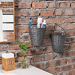 MyGift Wall Mounted Rustic Galvanized Metal Bathroom Toothbrush Holder Toothpaste Holder Bins, Mini Decorative Toiletries and Accessories Storage Buckets, Set of 2