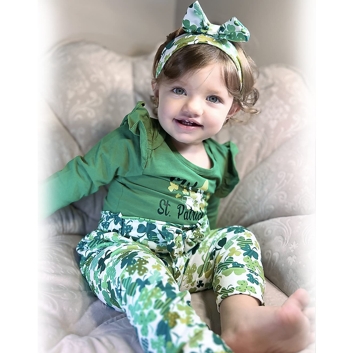 HINTINA Infant Baby Girl 1st First St. Saint Patricks Day Outfits Shamrock Clover Bodysuit Clothes Set 0-3 Months