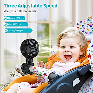 SMARTDEVIL Stroller Fan, 3000mAh Portable Clip on Stroller Fan for Baby, 3 Speed Battery Operated Personal Desk Fan with Flexible Tripod, Mini Handheld Fan for Car Seat, Treadmill, Camping (Black)