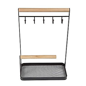 Creative Home Metal 2-Tier Jewelry Tree Stand Hanger Storage Organizer with Black Powder Coating Acacia Wood Hanger Bar for Necklaces Bracelets Earrings Watches Jewelry Display, 4" x 7.9" x 12" H