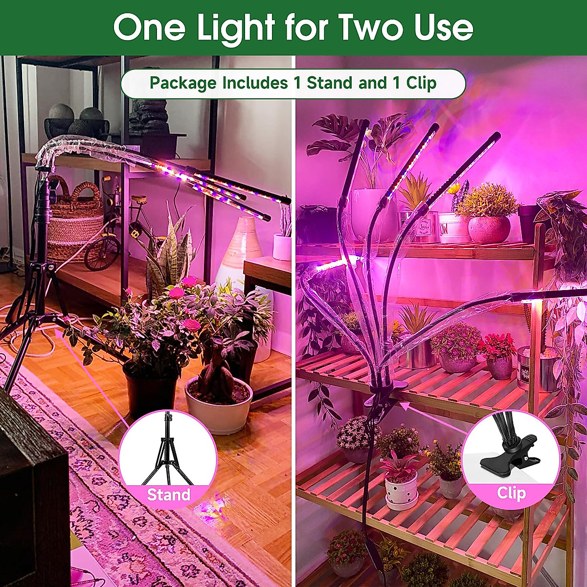 Wolezek Grow Lights for Indoor Plants, Full Spectrum LED Plant Grow Light with Adjustable Stand and Sturdy Clip, 5-Heads Plant Light with Auto 6/12/16H Timer, 3 Light Modes, 5 Levels Dimmable
