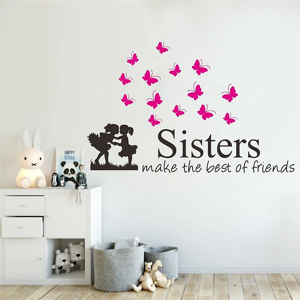 ANFRJJI Sisters Make The Best Friends Wall Decal with Butterfly Art for Girls Room - Removable PVC Vinyl Sticker - Effect 39x24 inch - Sisterhood Quote JWH174 (Black+Blush Butterfly)