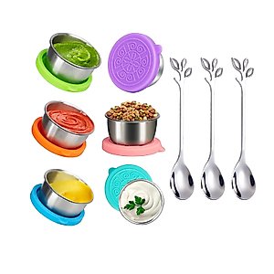 Salad Dressing Container to Go, 6x1.6 oz Reusable Small Containers with Lids and Leaf Spoons, Sauce Containers for Lunch Box, 18/8 Stainless Steel Condiment Cup, Easy Open, Leakproof Dipping Sauce Cup