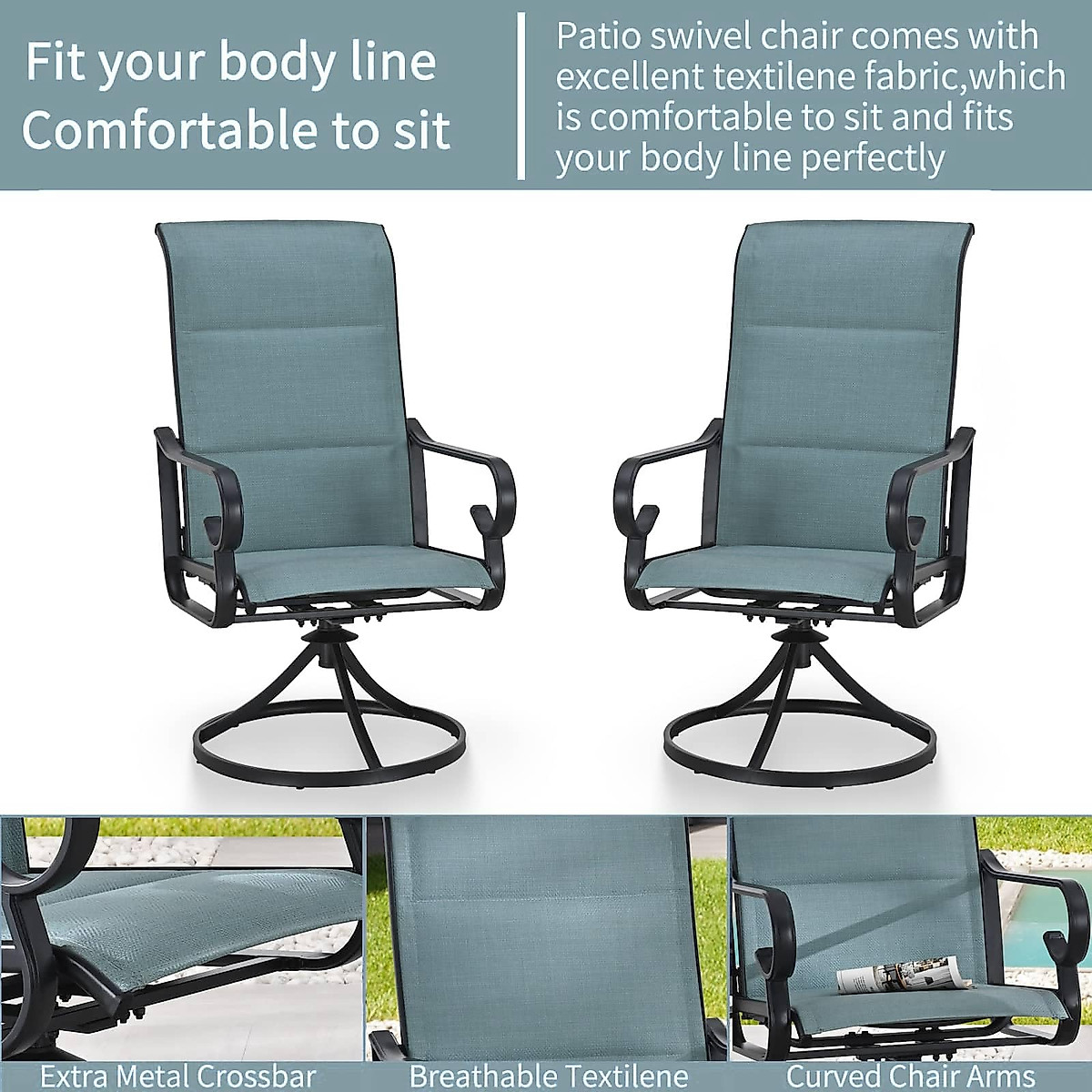 PatioFestival Patio Dining Chairs Textilene Outdoor High Back Swivel Rocker Chair Set with All Weather Frame (Blue-Green, Set of 2)