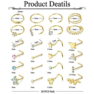 Florideco 28Pcs 20G Nose Rings Hoops Nose Rings Studs for Women Men Stainless Steel L Shaped Screw Nose Rings Gold Nostril Nose Piercing Jewelry G