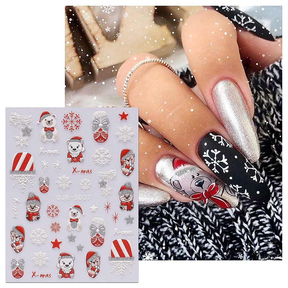 JMEOWIO 6 Sheets 3D Embossed Christmas Glitter Nail Art Stickers Decals Self-Adhesive Pegatinas Uñas 5D Snowman Elk Snowflake Xmas Winter Holiday Nail Supplies Nail Art Design Decoration Accessories