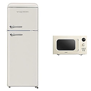 Frigidaire EFR756-CREAM EFR756, 2 Door Apartment Size Retro Refrigerator with Top Freezer, Chrome Handles, 7.5 cu ft, Cream & COMFEE' CM-M092AAT Retro Microwave with 9 Preset Programs, 0.9 cu.ft,