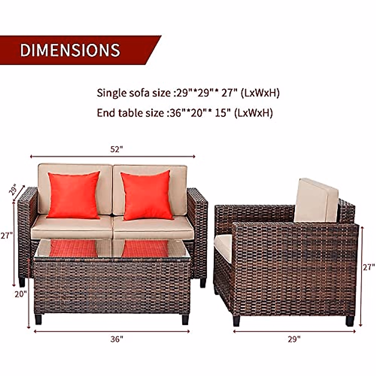 SUNCROWN 4-Piece Outdoor Patio Wicker Furniture Sofa Set, Sectional Conversation Set with Cushions and Tempered Glass Table-Brown