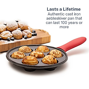 KUHA Cast Iron Aebleskiver Pan for Authentic Danish Stuffed Pancakes - Complete with Bamboo Skewers, Silicone Handle and Oven Mitt