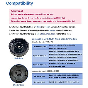 Blender 6 Fins Female Blade Replacement Parts for Ninja, Extractor Bottom Blade Compatible with Nutri Ninja Auto iQ BL450 69, BL451 70, BL455 30 DOB, BL456 70, BL480 70, BL480D 30 DOB, BL482 30 DOB