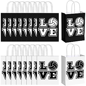 18 Pcs Volleyball Party Treat Bags Volleyball Goody Treat Bag with Handle Black Volleyball Paper Bag Kraft Goodie Candy Bags for Sport Theme Birthday Party Decor (Black Backing, Love Style, White)