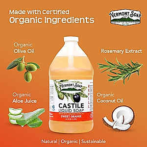 Vermont Pure Castile Soap Orange, Gentle Liquid Soap for Sensitive Skin & Natural Body Wash, Organic Hair Shampoo for Oily Hair, Aloe Castile Soap for Men & Women - 64 Oz