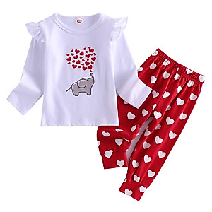 Ritatte Toddler Infant Baby Girl Clothes Outfits Valentine Heart Print Warm Long Sleeve Sweatshirts Pants Set Fall Winter 1-6T (Red-Elephant, 4-5 T)