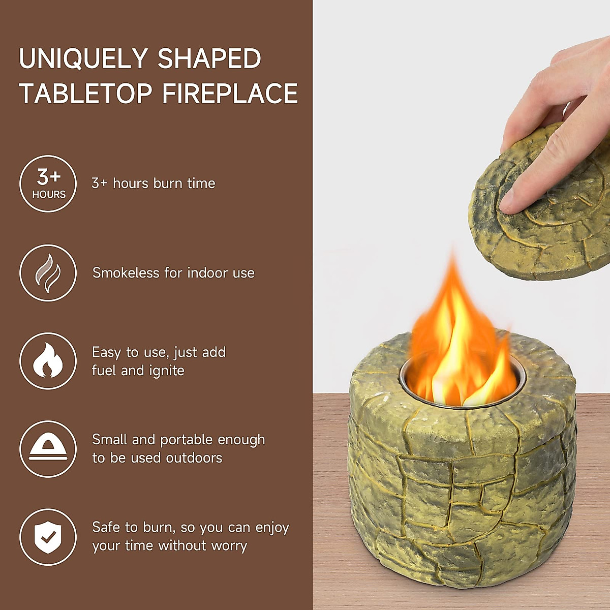 Tabletop Fire Pit- Unique Shaped Rock Tabletop Fireplace with Lid and Pat Alcohol Portable Table Top Fire Pit, Mini Personal Somkeless Fireplace Indoor/Outdoor Long Time Burning