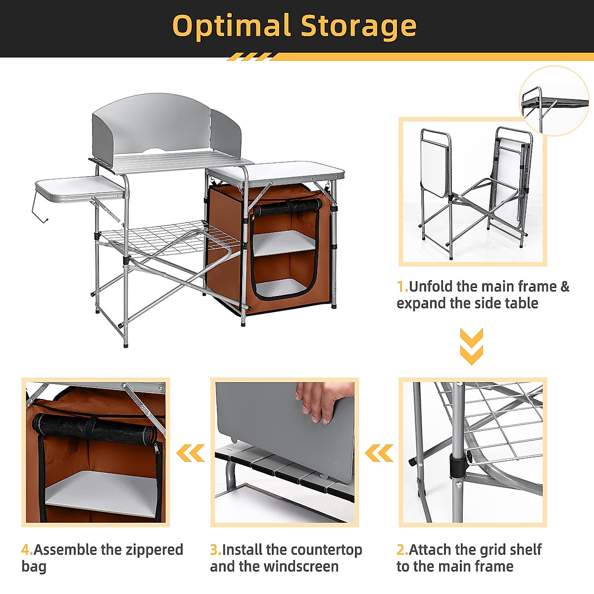 GYMAX Aluminum Portable Camping Kitchen, Folding Cooking Table with 26" Tabletop, Detachable Windscreen & Carrying Bag, Outdoor Grill Table for BBQ, Backyards