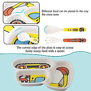 Kids Plate Set, Included Plate Fork and Spoon 3-Piece Set - Toddler Plates Dinnerware Dinner Dish Set Baby Feeding Divided Plate - Child Portion Control Bamboo Eco-Friendly (Excavators)