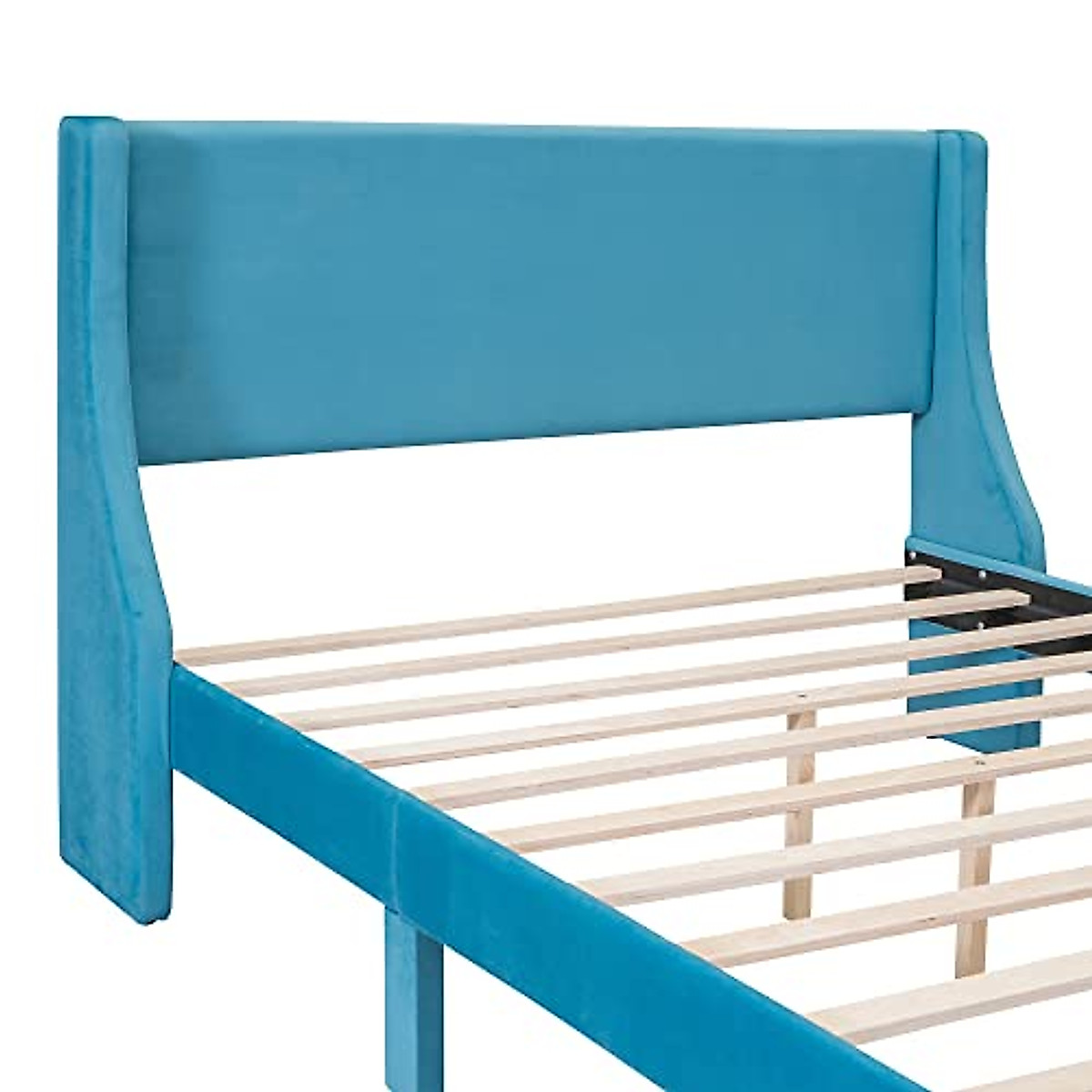 HBRR Queen Size Bed Frame with Drawer and Headboard, Velvet Upholstered Platform Bed with Wood Slats, Mattress Foundation, No Box Spring Needed, Easy Assembly, Blue