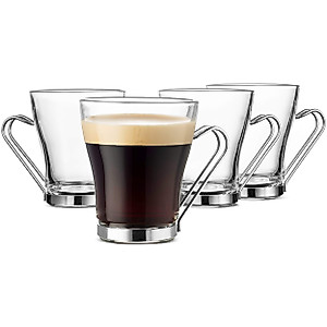 Bormioli Rocco OSLO Glass Coffee Mug - 7 ½ Ounce Espresso Cups (4 Pack) with Metal Handle Perfect Tea Glasses for hot and cold beverages, Thermal Shock Resistant, Tempered Glass, for Latte, Cappuccino