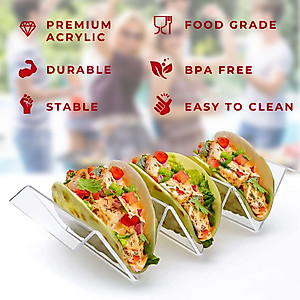 Unique Plus Acrylic Taco Holder Stands Set of 4 Clear Stand Tray Serving Plates Each Rack Holds 3 Tacos Modern Lucite Holders Size 8.7 Inch x 2 for Kitchen Table Restaurant Party Decoration Food Safe