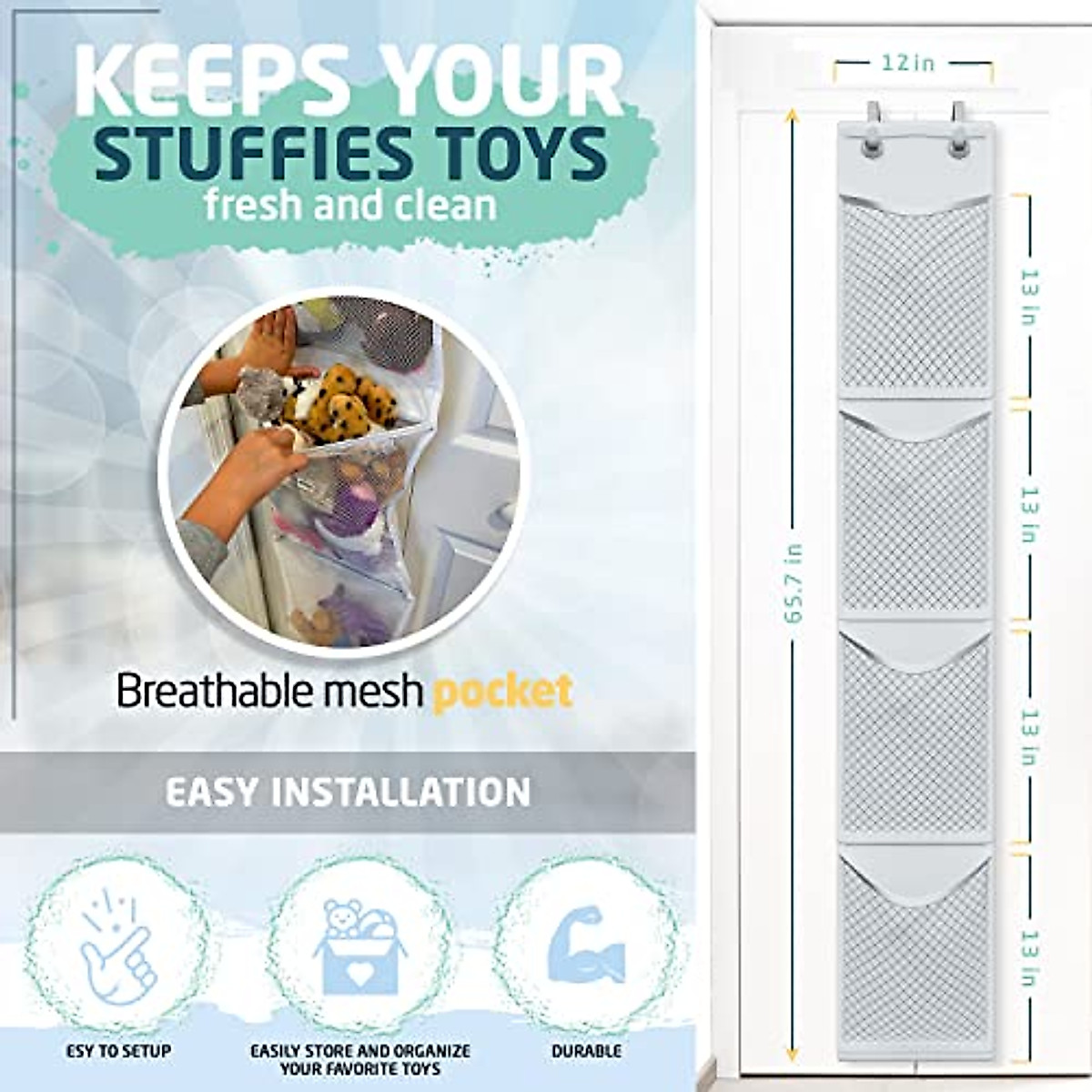 Honeyera Storage for Stuffed Animals, 12 Inch Wide Slim Over Door Organizer for Stuffies, Bi-Fold Door Closet, Baby Accessories, Toy Plush Storage/Easy Instal with Breathable Hanging White